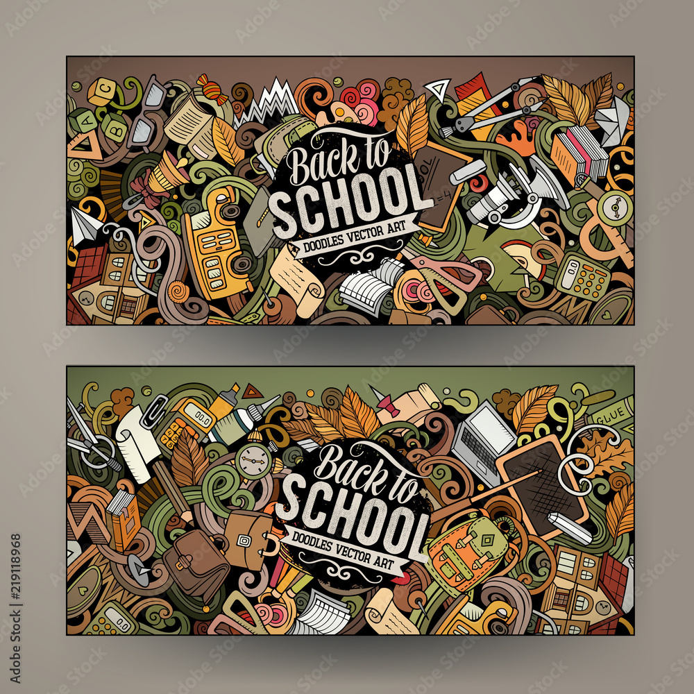 Cartoon cute colorful vector hand drawn doodles School banners Stock ...