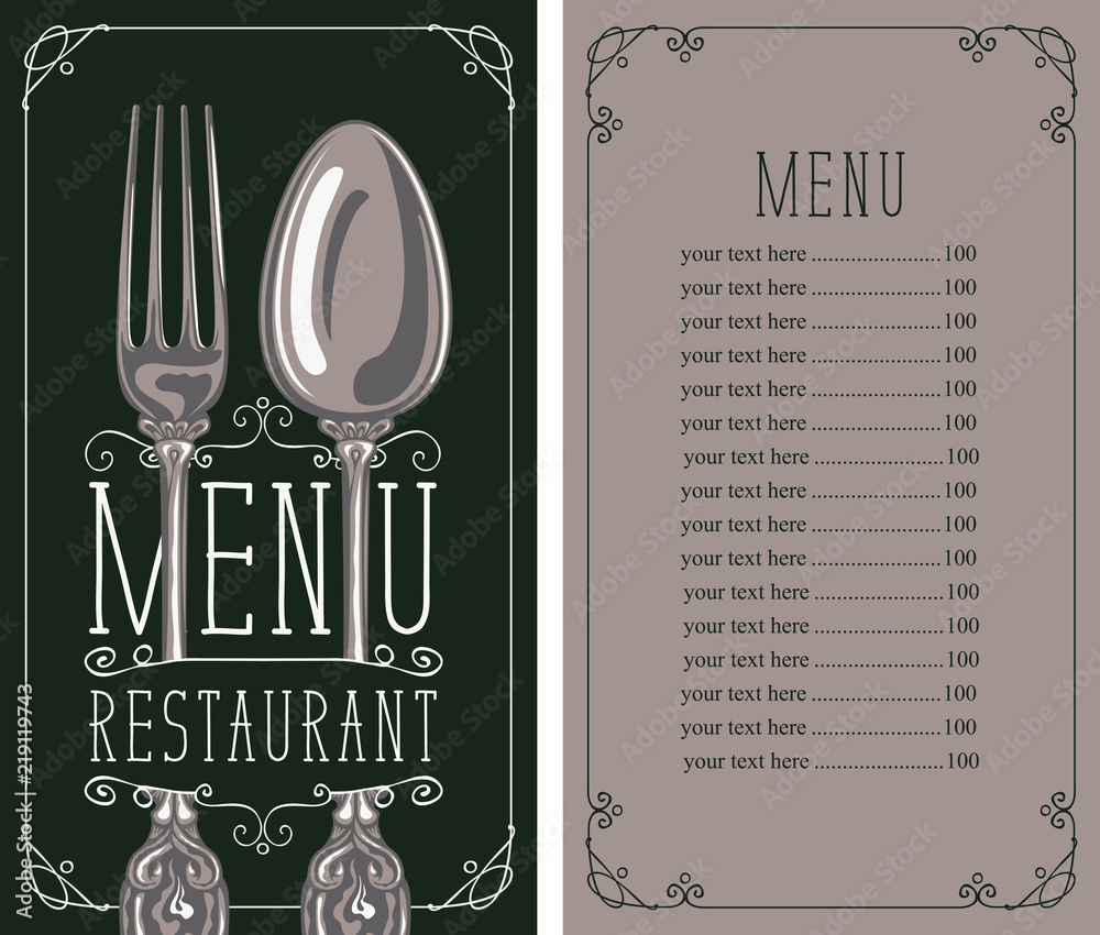 Vector template menu for restaurant with price list, realistic fork and ...