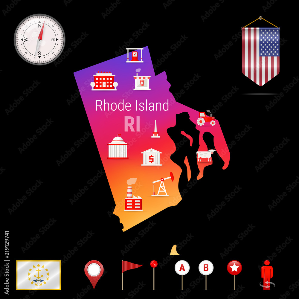 Rhode Island Vector Map, Night View. Compass Icon, Map Navigation ...