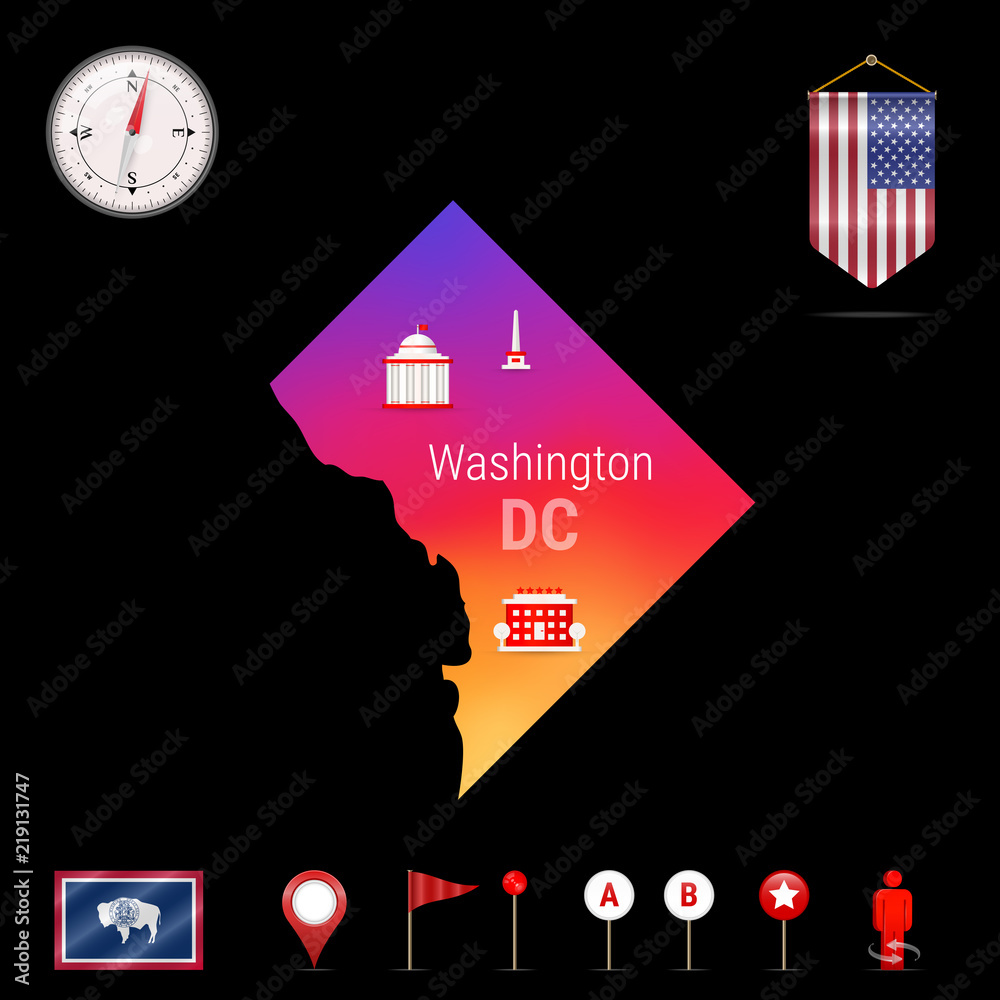 Washington, DC Vector Map, Night View. Compass Icon, Map Navigation ...