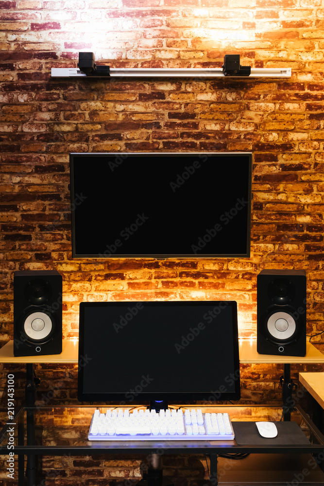 modern workspace with dual computer monitor display and professional ...