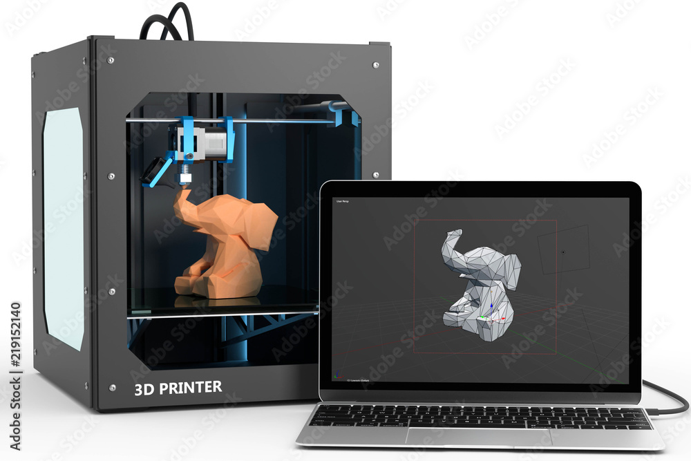 3D drucker mit Computer und 3D Software ilustração do Stock | Adobe Stock