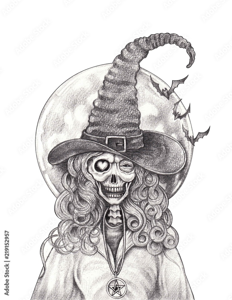 Art Witch Skull Tattoo. Hand pencil drawing on paper. Stock Photo ...