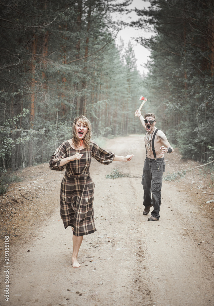Cannibal steampunk Man with ax and his victim in forest Stock Photo ...