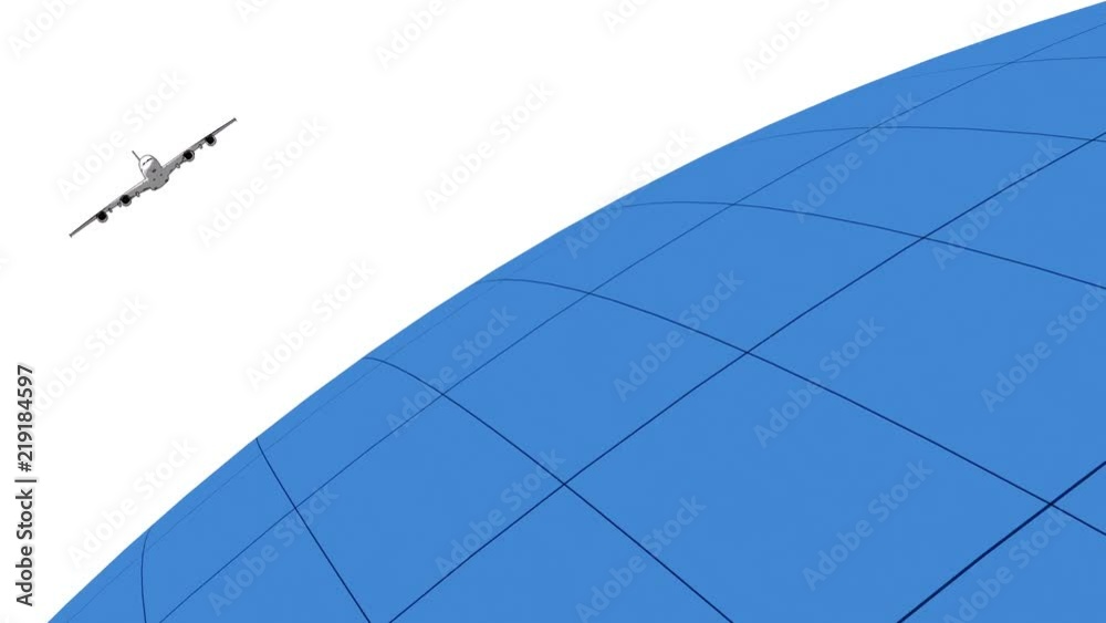 A big airplane is flying around of the Earth globe. Cartoon style 3d ...