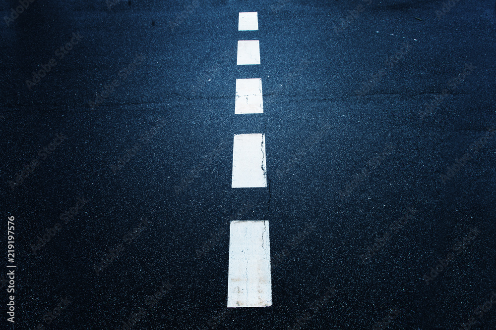 White dotted line on dark blue city asphalt road background. Stock ...