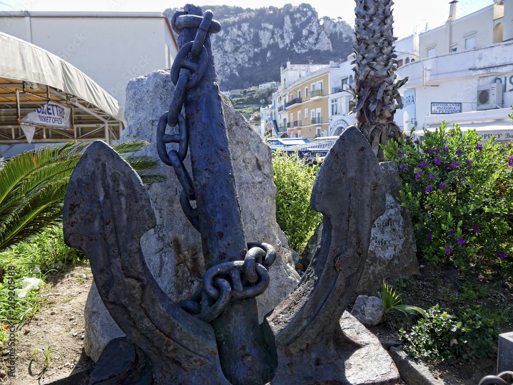 Anchor of a boat near the harbour of Marina Grande on the Isle of Capri ...