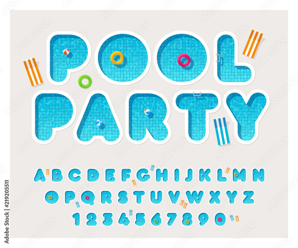 Vector pool font. Rounded letters fulled with water. Latin alphabet ...