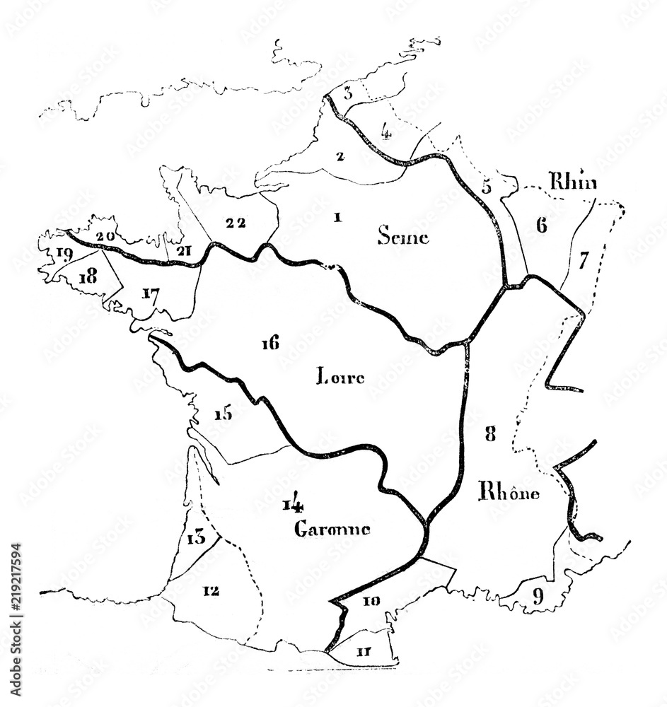 Map of France divided into twenty-two basins, vintage engraving. Stock ...
