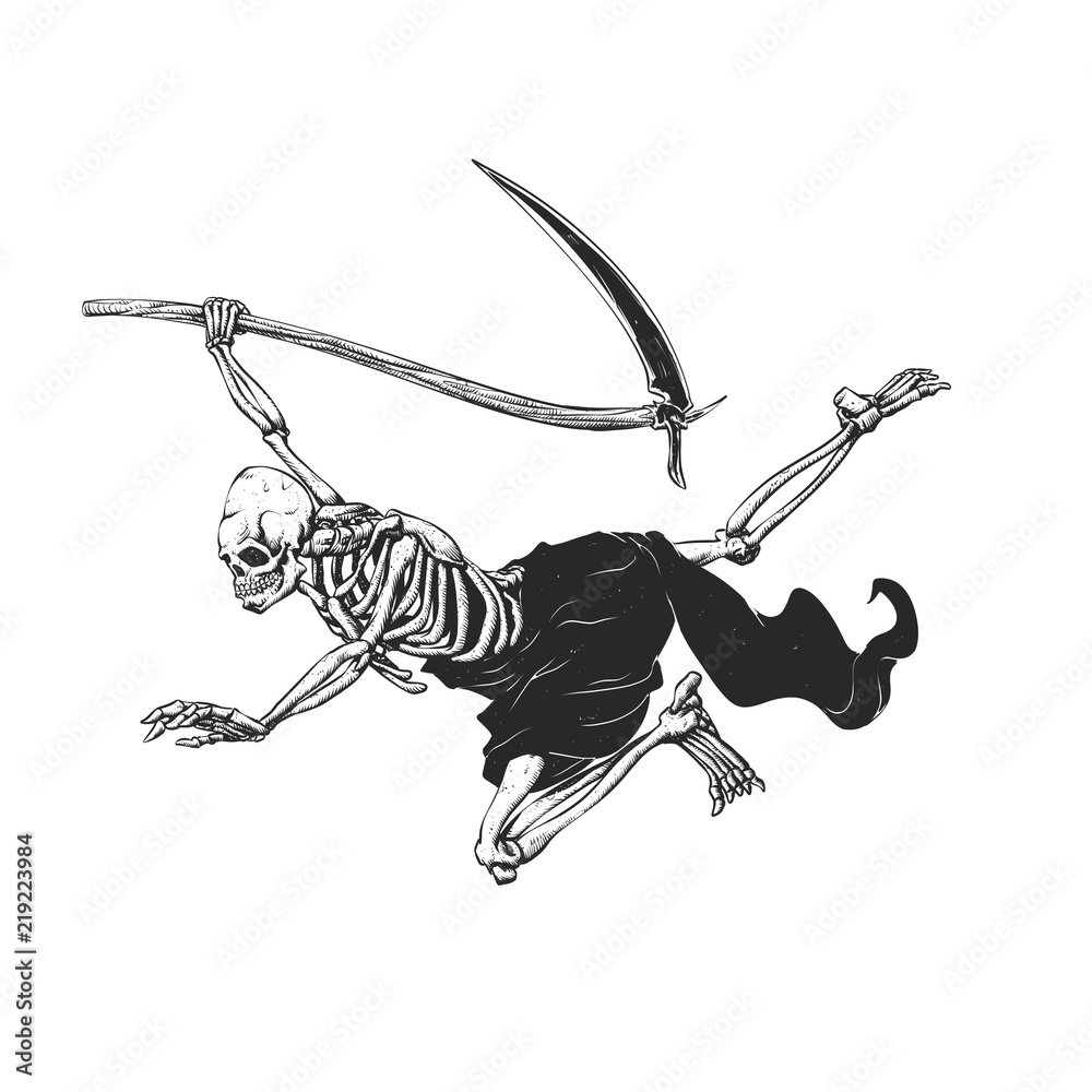 Flying reaper - gothic grim - skull cartoon - black and white Stock ...