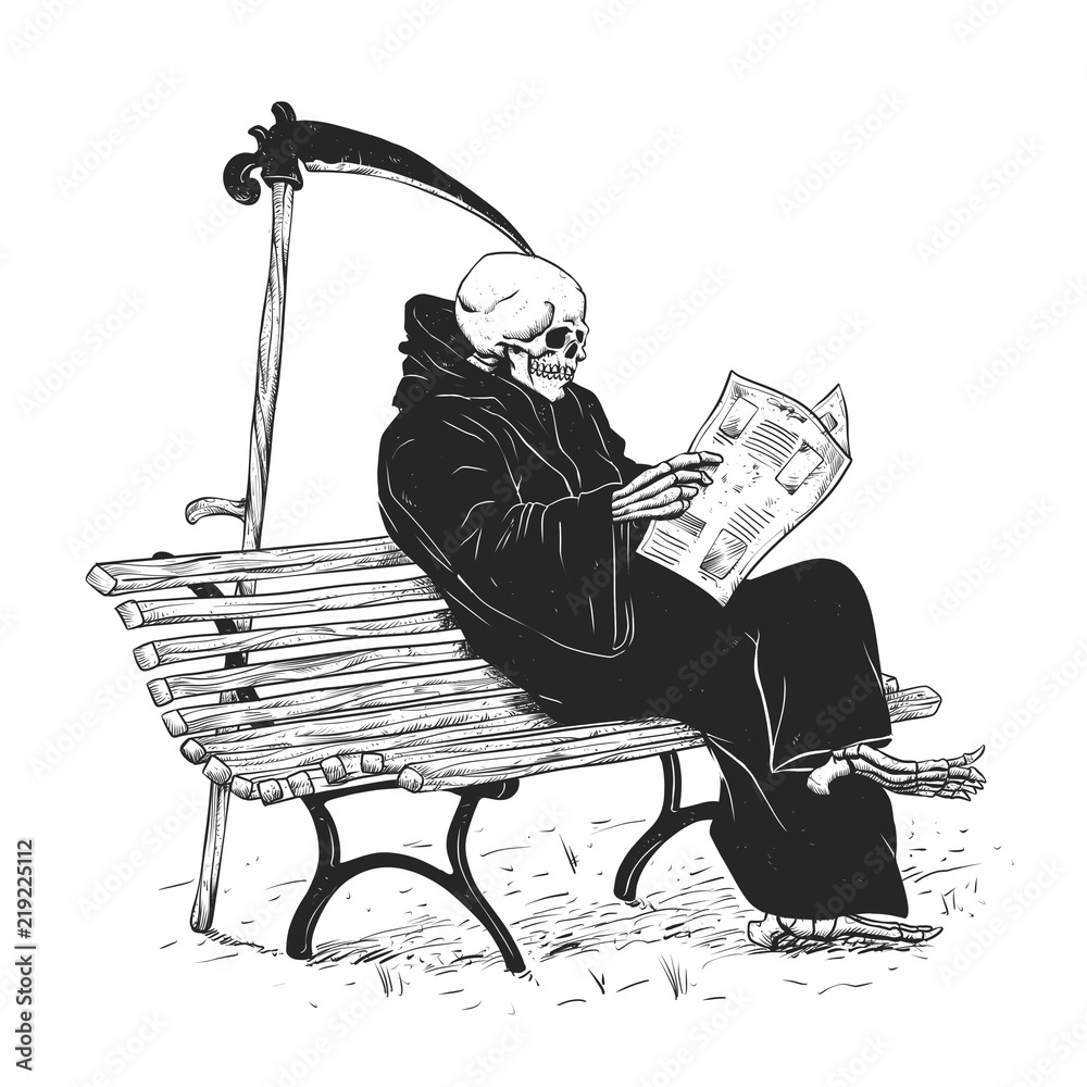 Grim reaper reading newspaper - cartoon skeleton - dark skull Stock ...