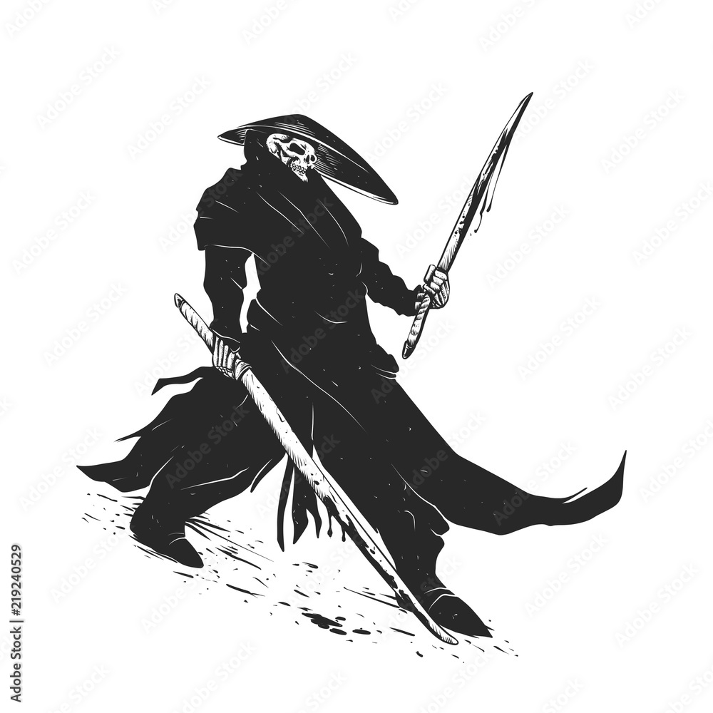 Samurai skull - japanese evil - black and white - fighter illustration ...