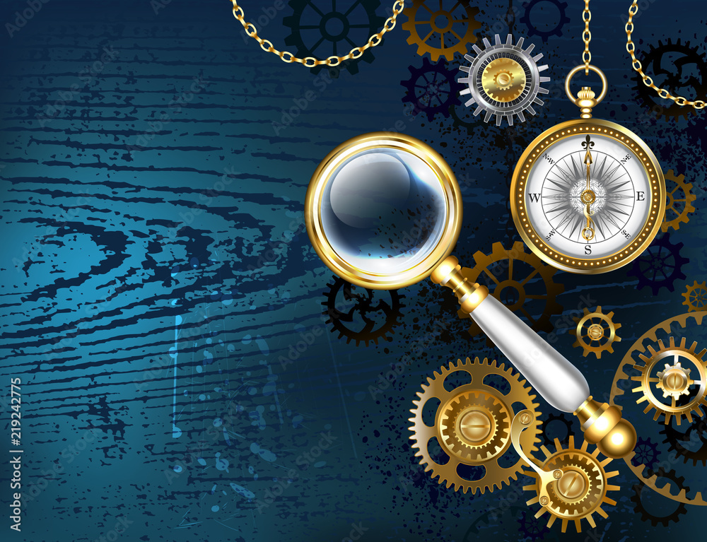 Blue background with magnifier Stock Illustration | Adobe Stock