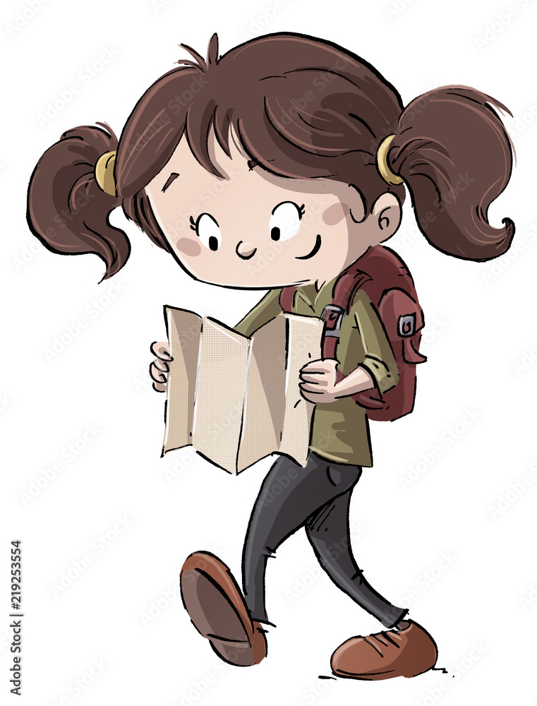 niña exploradora caminando con mapa Stock Illustration | Adobe Stock