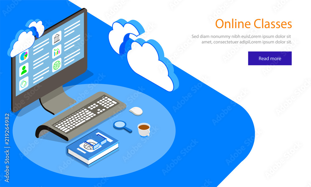 Isometric illustration of desktop with study material on blue and white ...