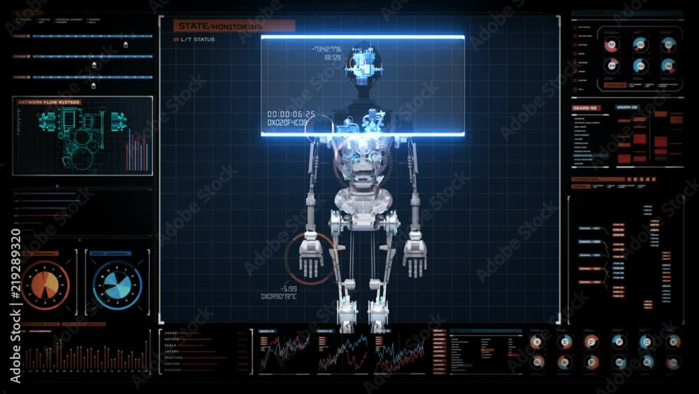 Manufacturing 3D humanoid robot body, Scanning body in futuristic user ...