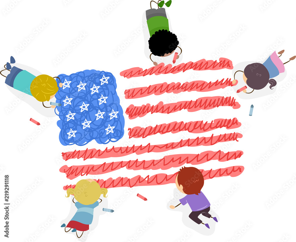 Stickman Kids Draw Flag American Illustration Stock Vector | Adobe Stock