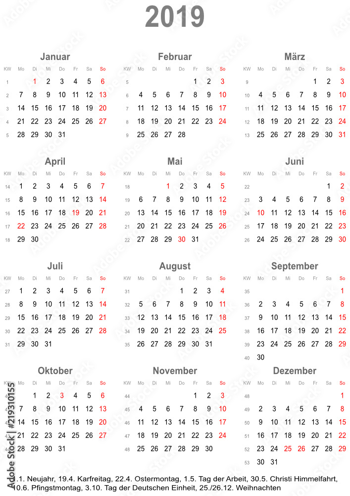 Einfacher Kalender 2019 mit gesetzlichen Feiertagen für Deutschland ...