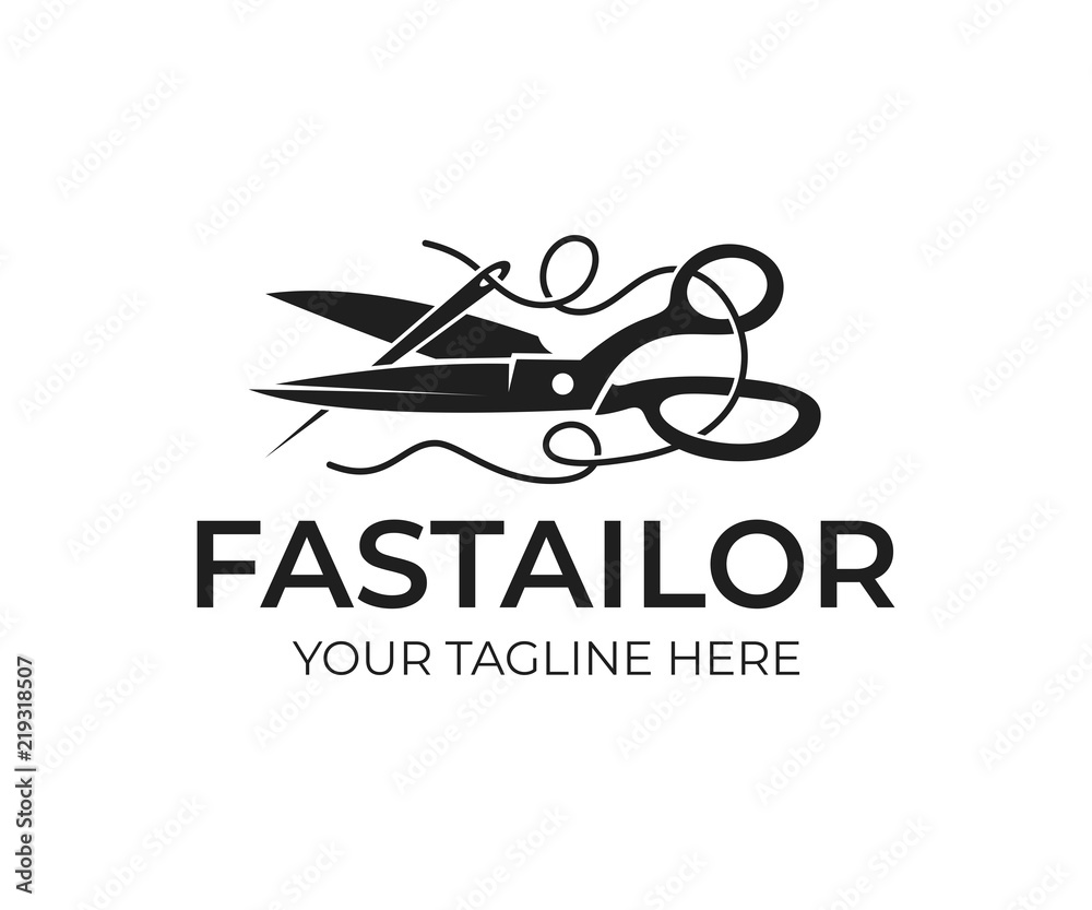 Tailor, scissors and needle with a thread, logo design. Sewing ...