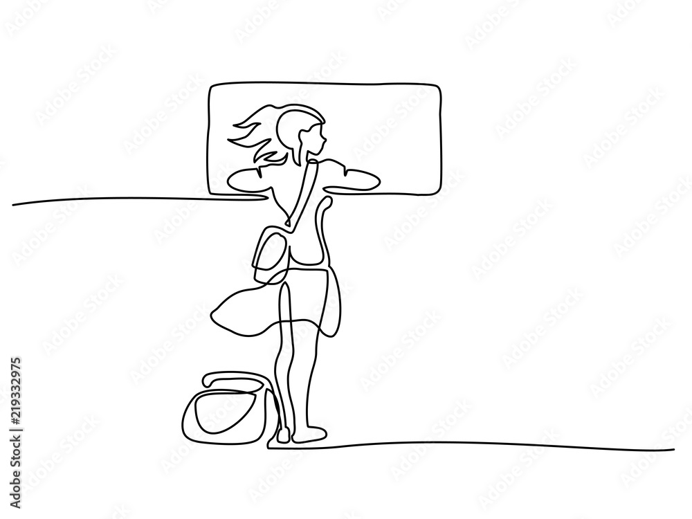 Continuous one line drawing. Young woman traveler looking out from ...