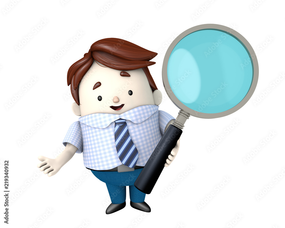 Hombre con una lupa. Personaje 3D buscando Stock Illustration | Adobe Stock