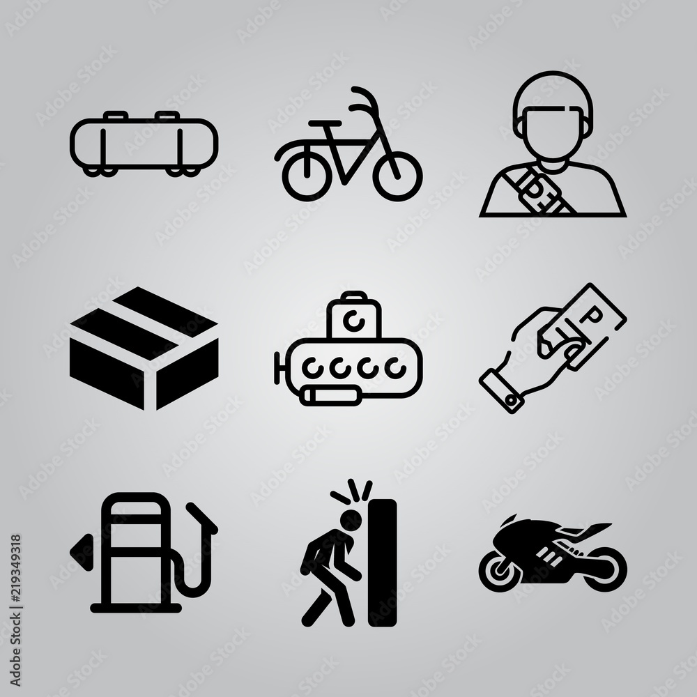 Simple 9 icon set of transport related safety belt, accident, railroad ...
