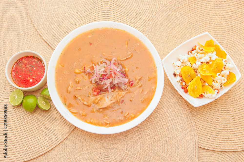 Above view of traditional Ecuadorian food called Encebollado, fish stew ...