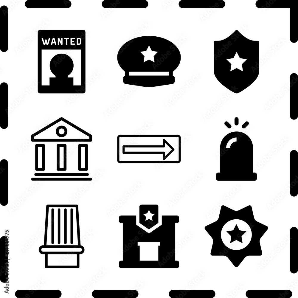 Simple 9 icon set of law related wanted, police badge, siren and turn ...
