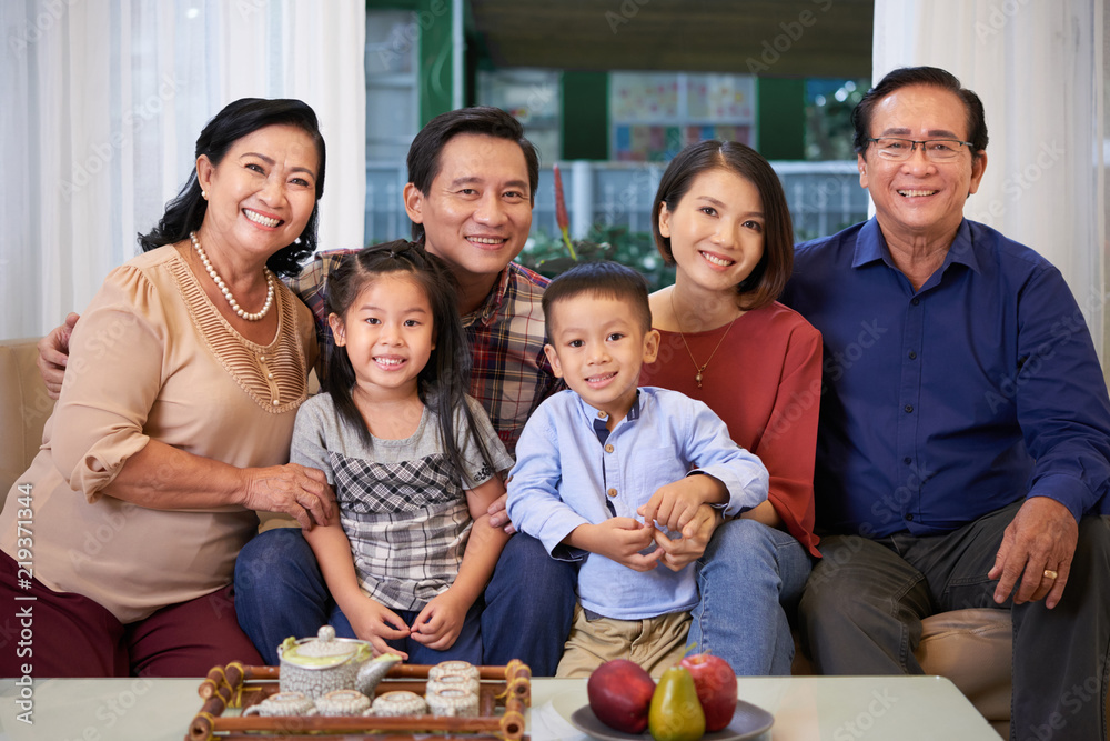 Portrait of happy big Vietnamese family sitting on sofa and smiling at ...