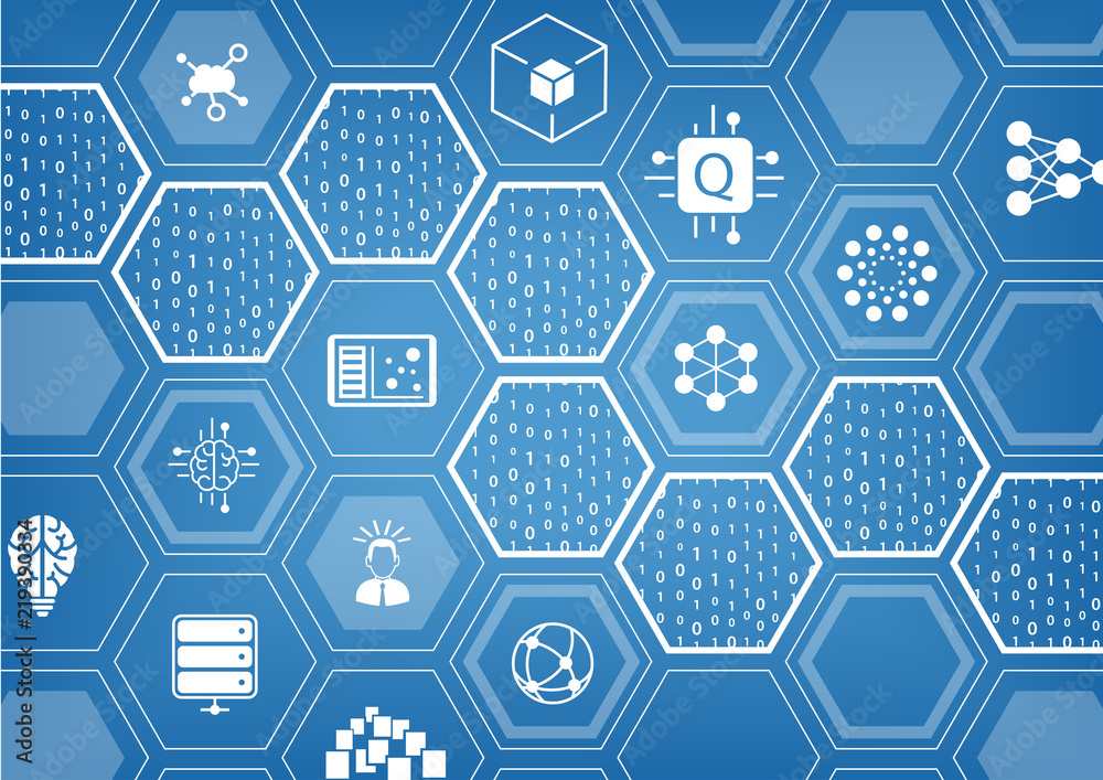 Quantum Computing vector illustration on blue background with hexagonal ...