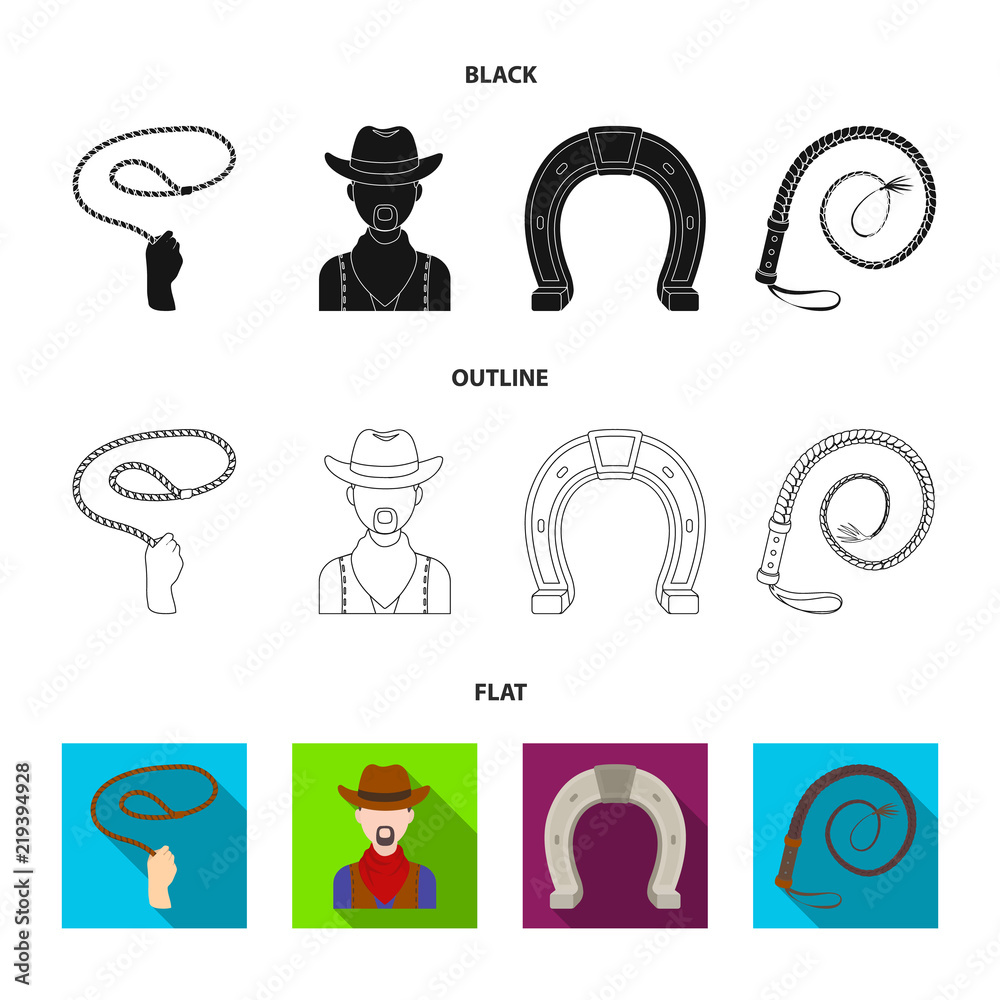 Hand lasso, cowboy, horseshoe, whip. Rodeo set collection icons in ...