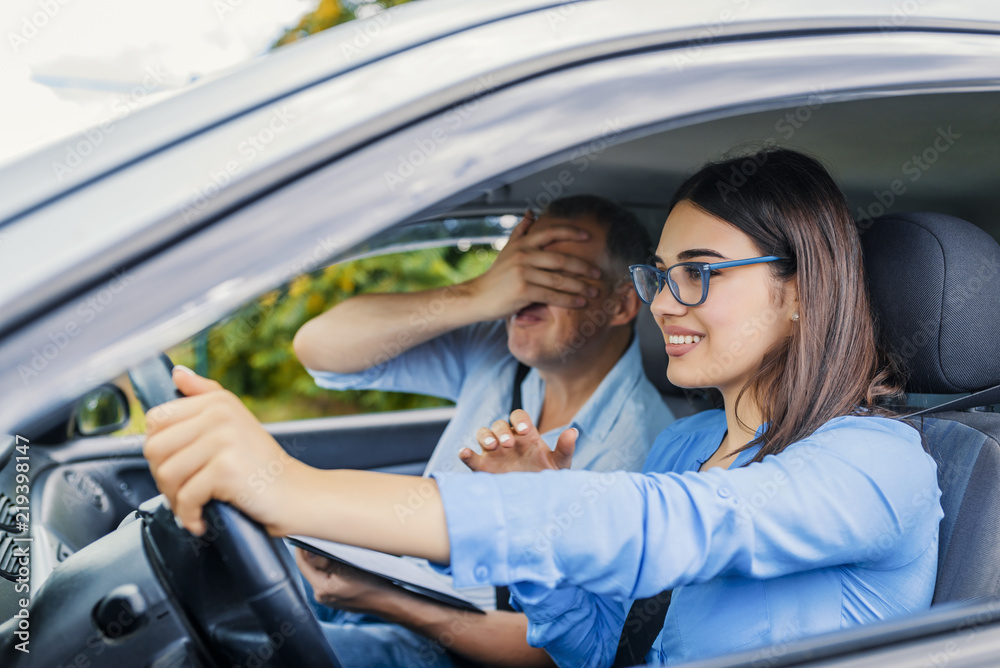 Woman Driver - Car Accident, yells in fear or frustration. Student girl ...