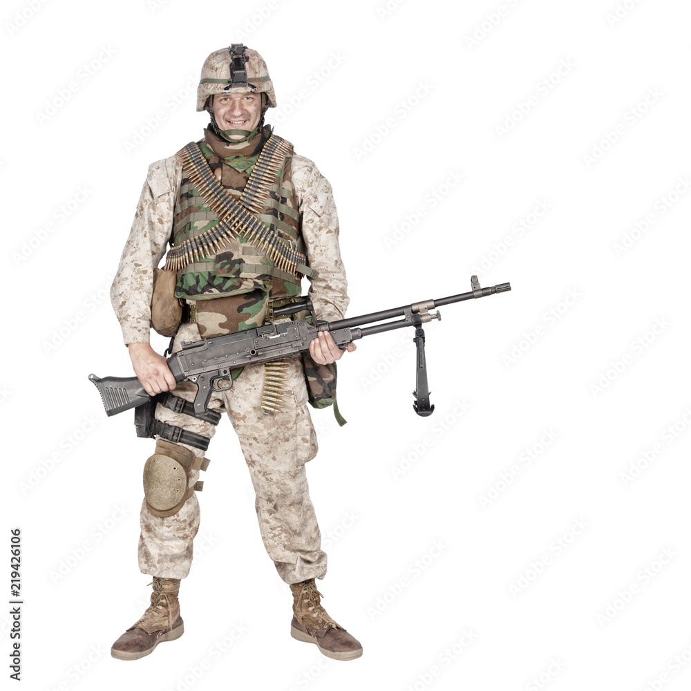 Studio shoot of army, marine machine gunner in camouflage combat ...