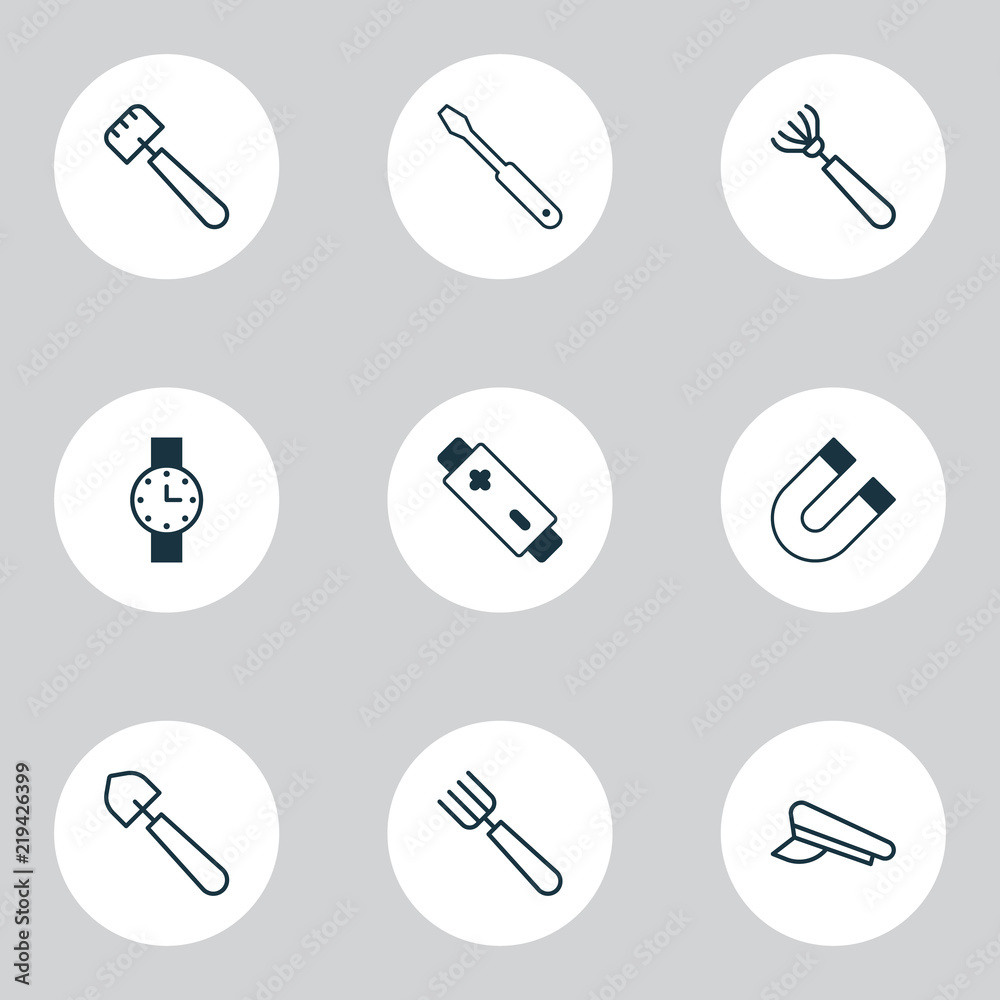 Apparatus icons set with battery, screwdriver, shovel and other ...