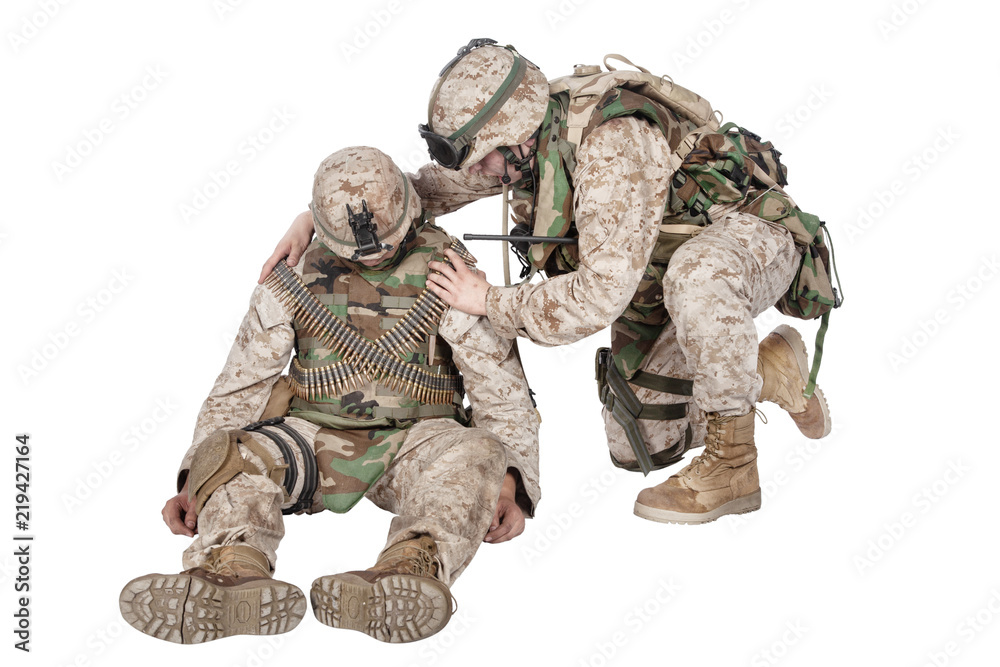Military medic, commando shaking for shoulders, trying bring to ...