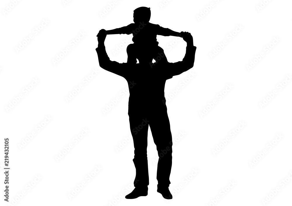 Child (son) sitting on shoulders of man (father) silhouette, vector ...