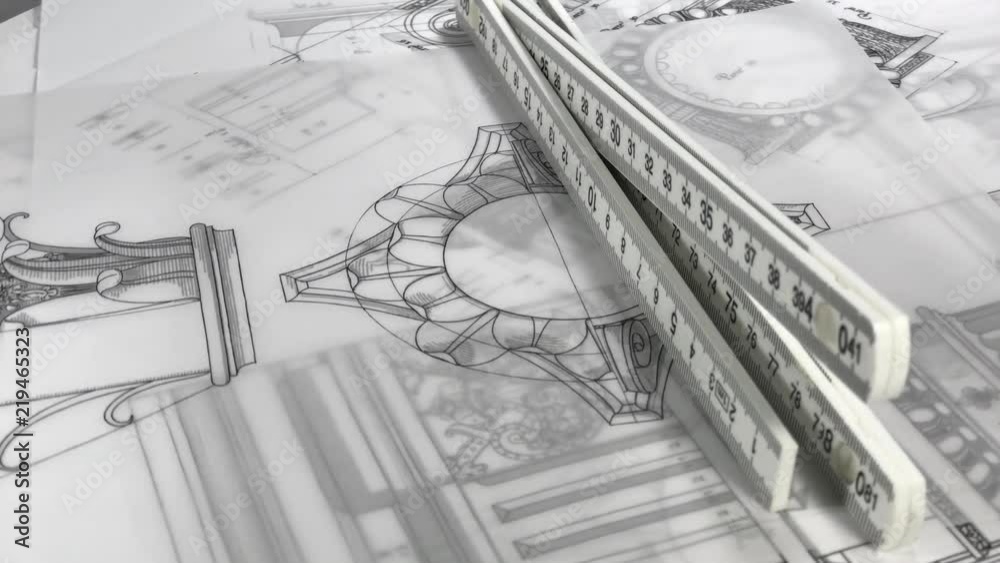 blueprints - architectural drawings, yardstick - folding ruler and ...