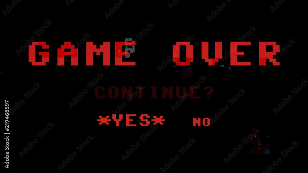 A videogame ending screen text on a tv: Game over Continue Yes No ...