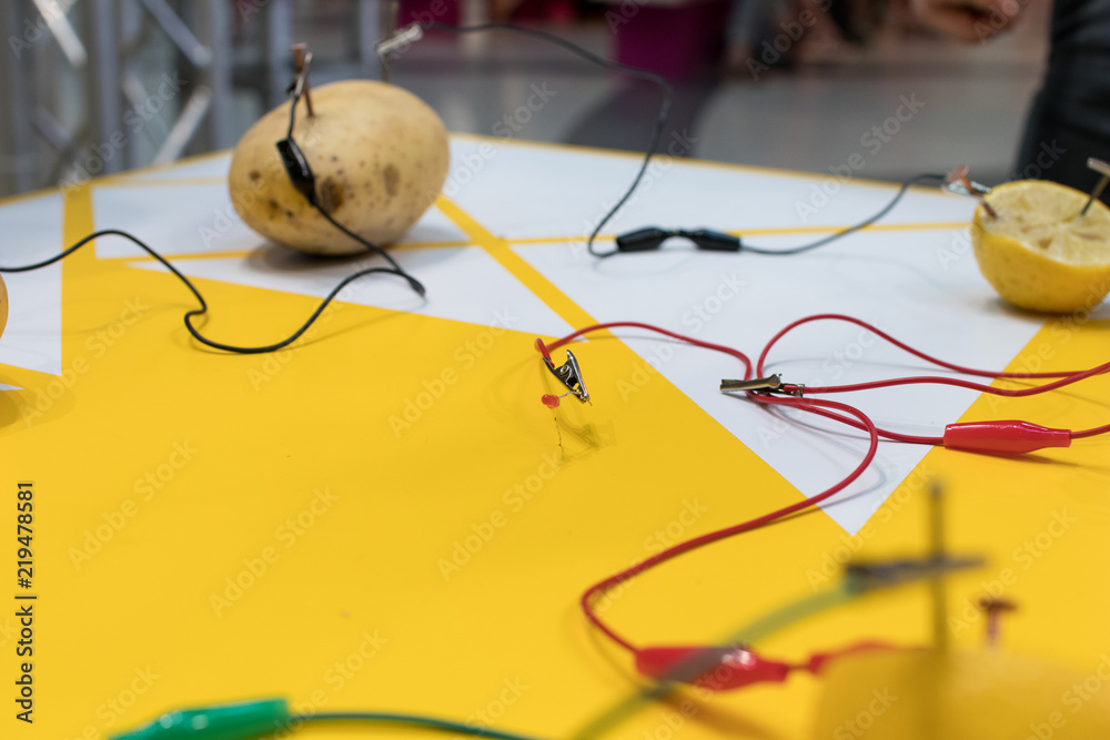 Foto Stock Potato battery STEM activity with potatoes, lemons ...
