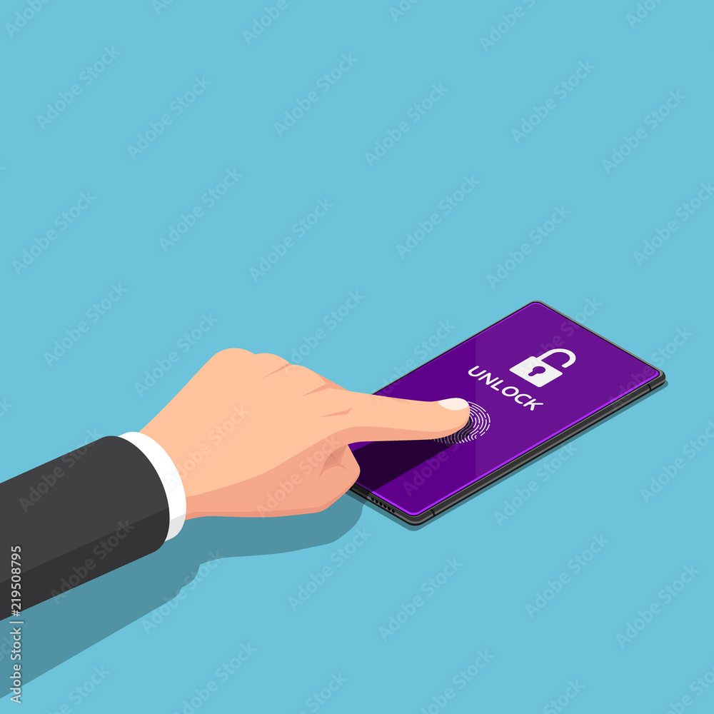 Isometric businessman use on display fingerprint scanner function to ...