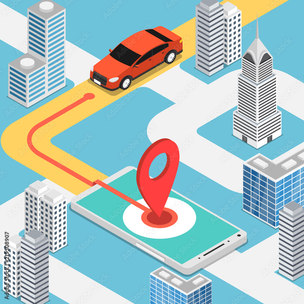 Isometric car moving at pinpoint on mobile map application Stock Vector ...