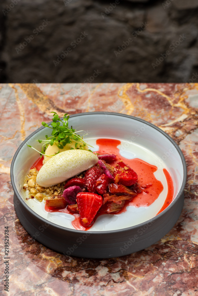 Fine dining dessert, Strawberries Parfait, ice cream, white chocolate ...