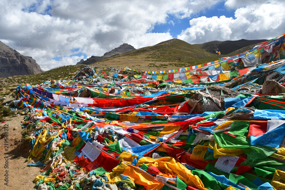 Tibet. Buddhist ritual flags with mantras and ritual drawings on the ...