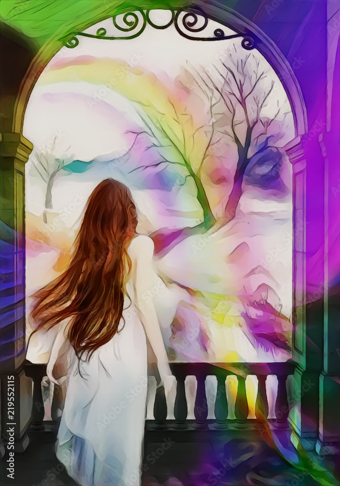 L'anima e la musa, una musa ispiratrice osserva da una finestra ...