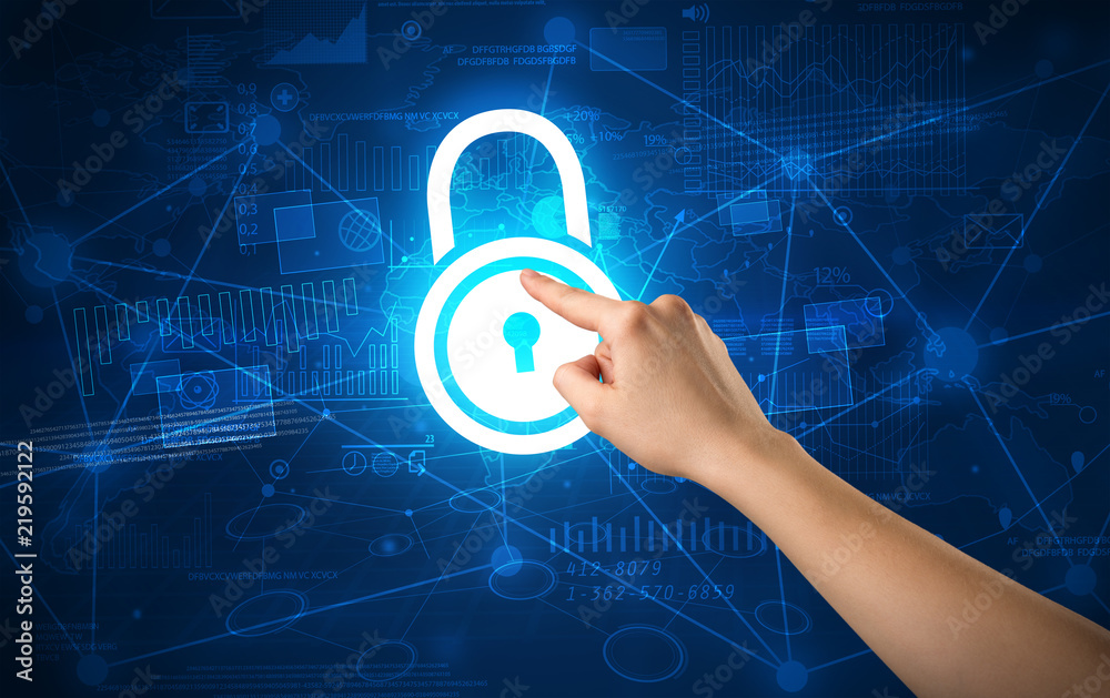 Female hand touching blue lock with charts and graphs in the background ...