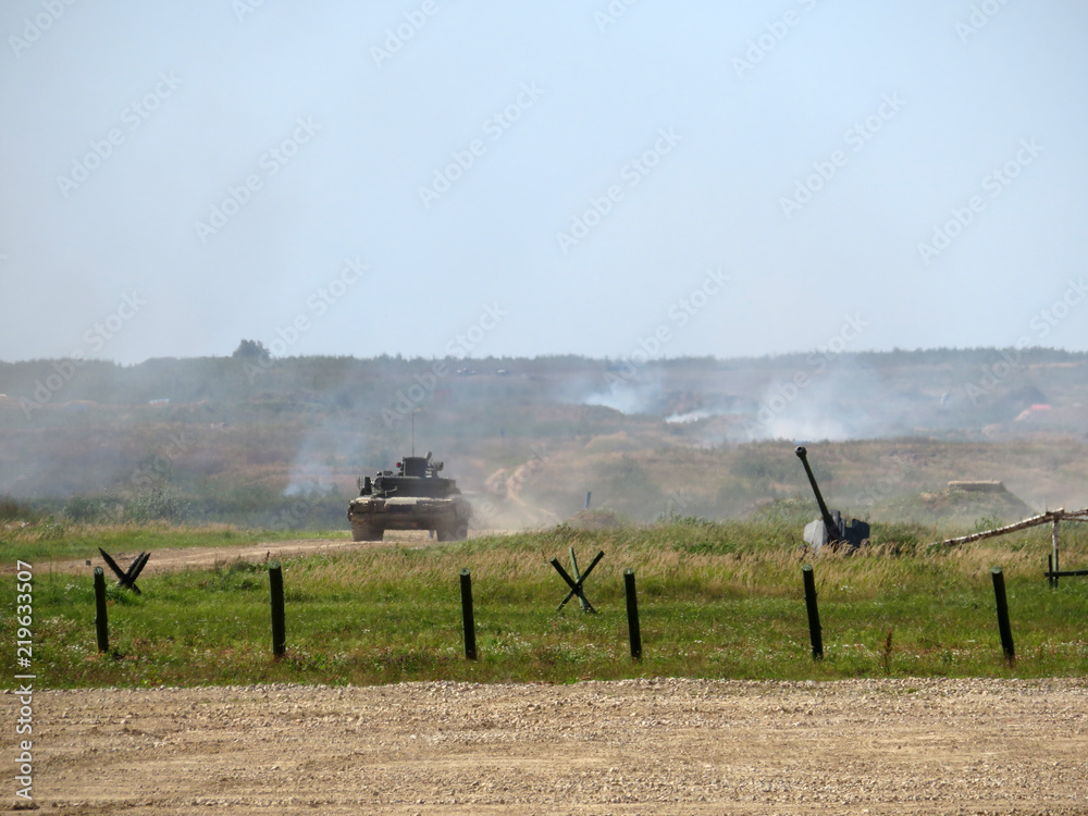 Military exercises at the army training ground. Combat operation with ...
