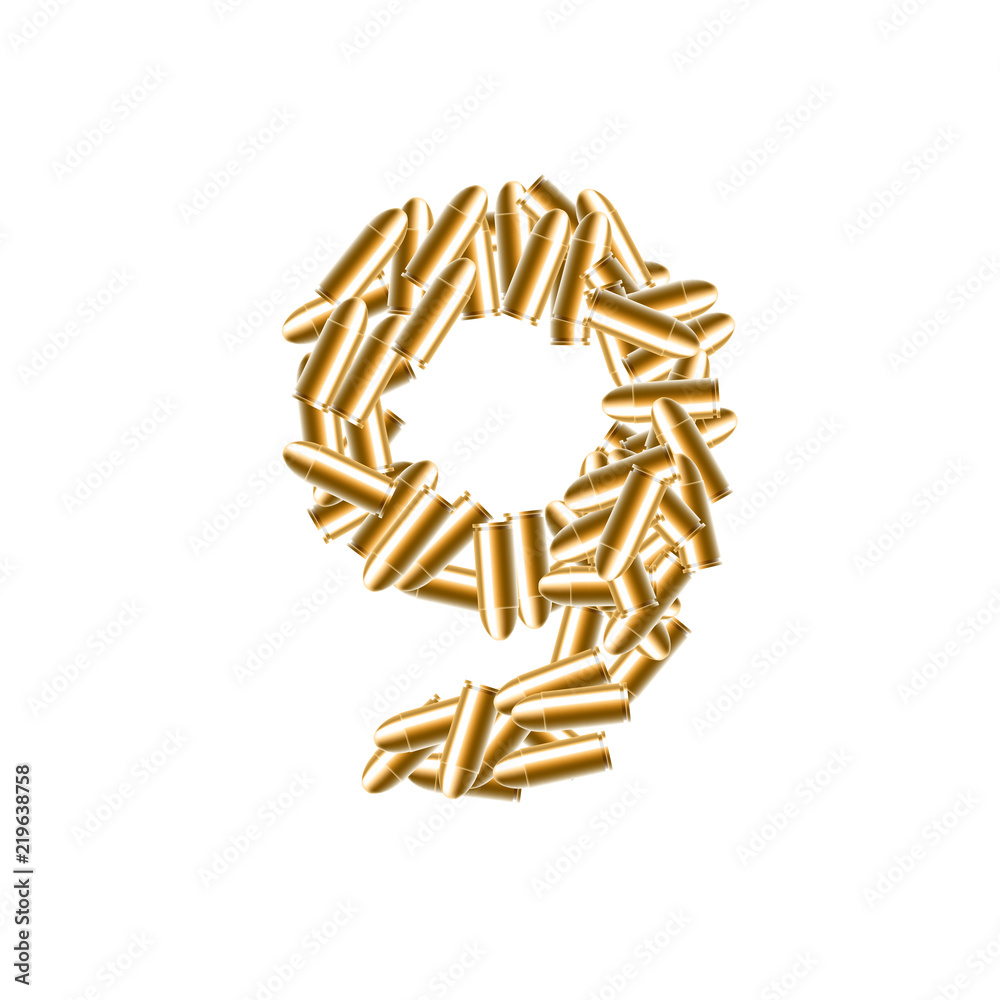 The letter number nine or 9 gold color, in the alphabet bullet set ...