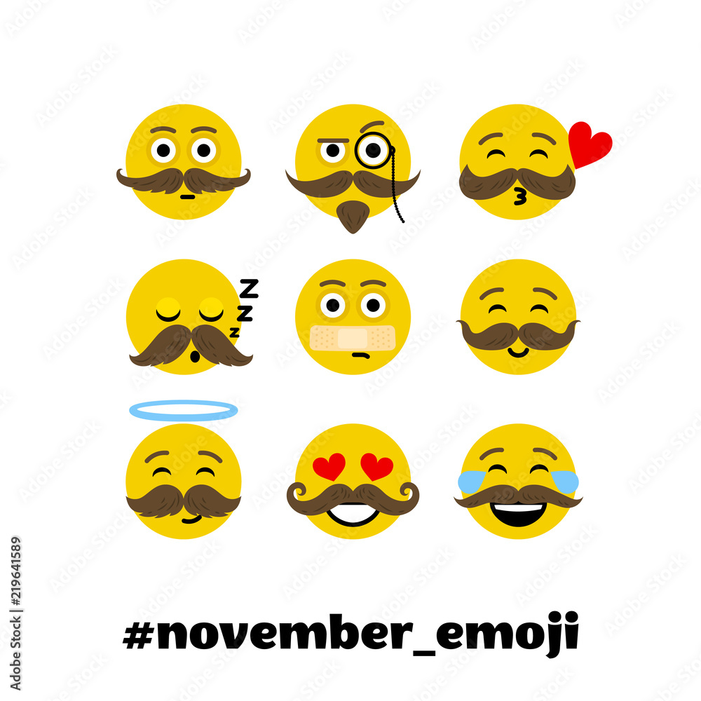 Vector illustration, set of emoji with mustache and beard. November ...
