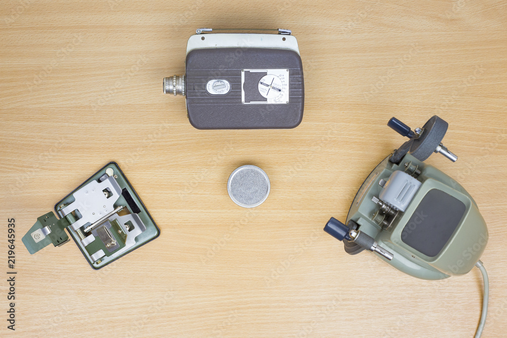 Flat lay photography of old film editing method. Vintage equipment ...