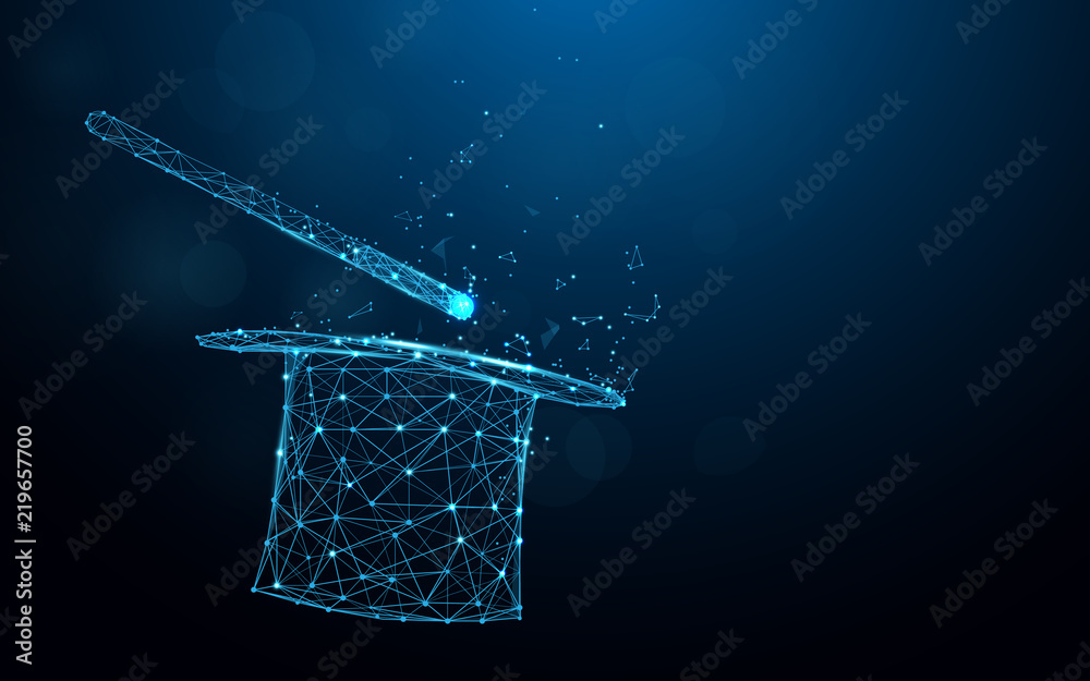 Magic Hat with Magic wand form lines, triangles and particle style ...